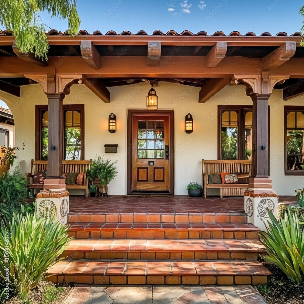 spanish colonial style home front porch with brick steps and wooden ...