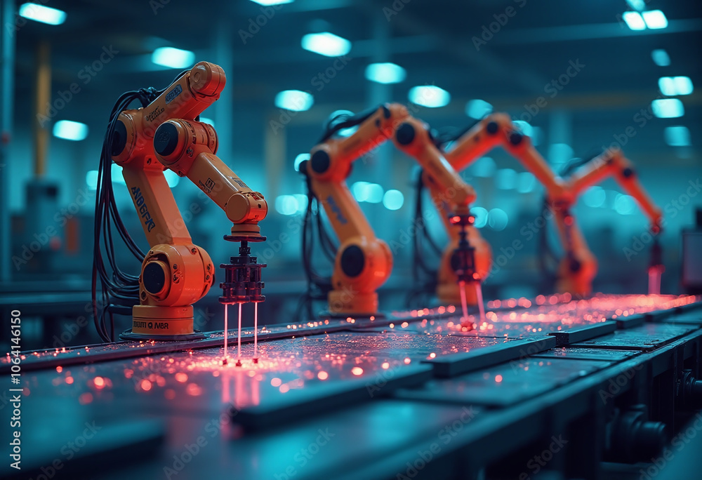 robotic arms move factory floor connected glowing lines representing ...