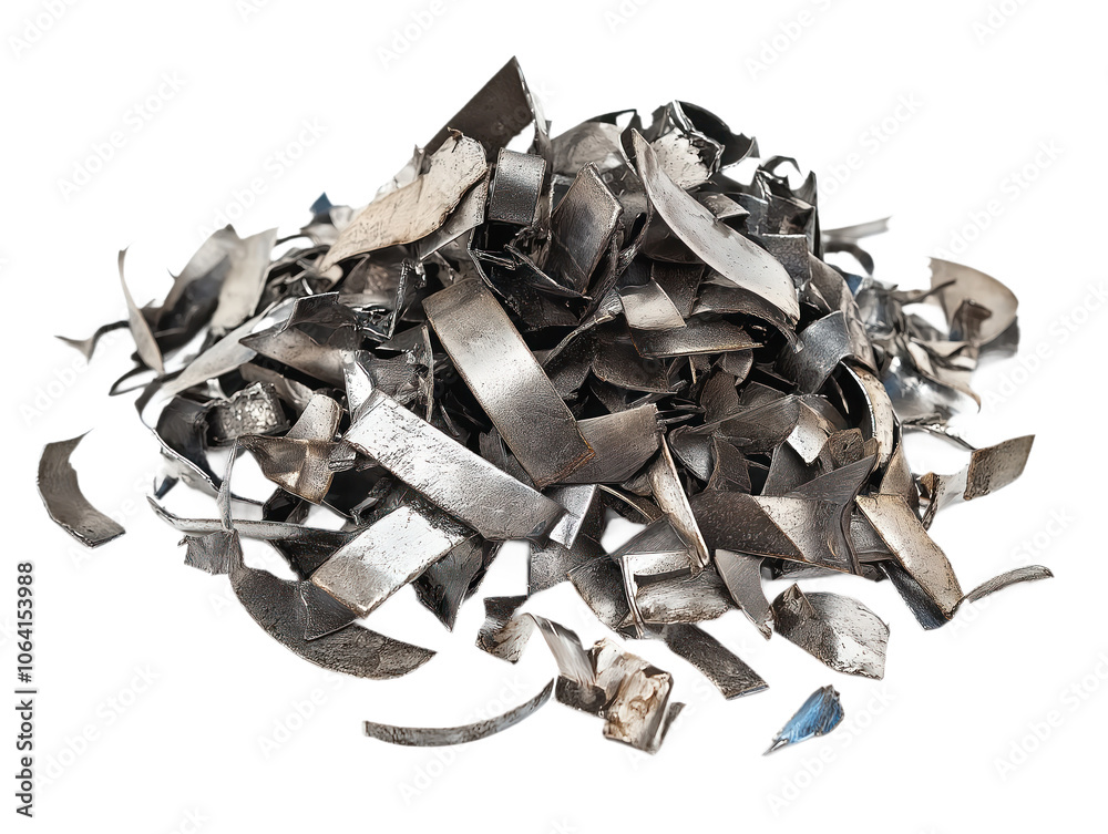 Pile of metal scraps in shades of silver, black scattered on ...