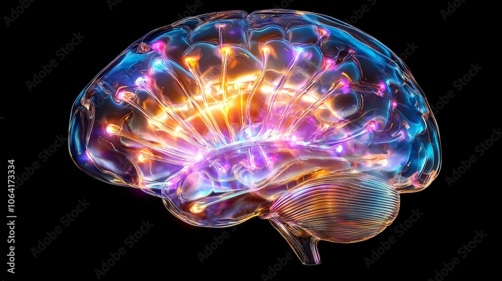 3D scan of a human brain with translucent layers, showing synapses ...