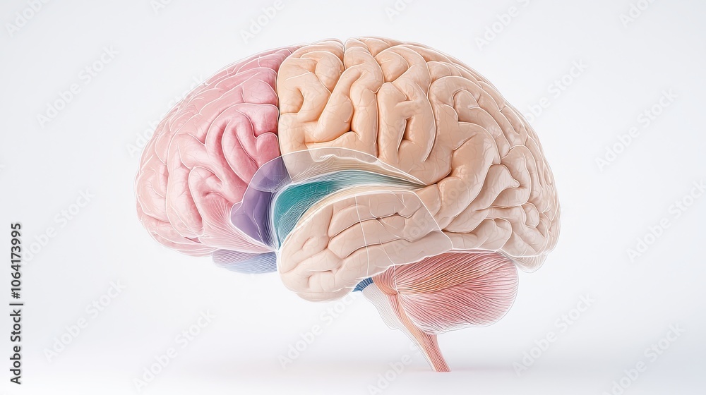 Brain anatomy, cross-section with labeled regions, colorful highlights ...