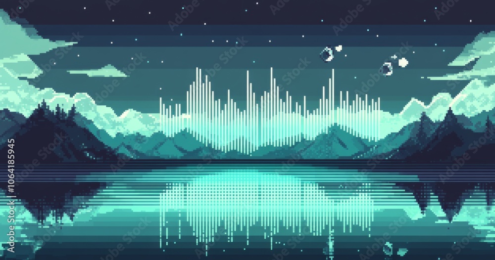 Simple pixel art vector graphic of an audio wave in teal and white ...