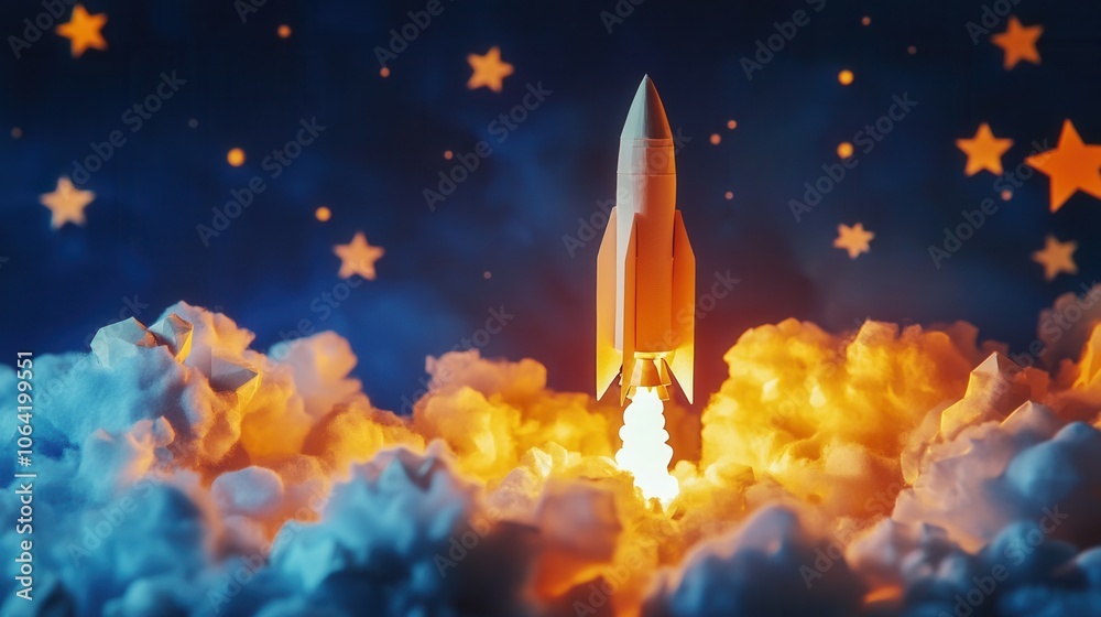Artistic paper model of a rocket launch with layered clouds and night ...