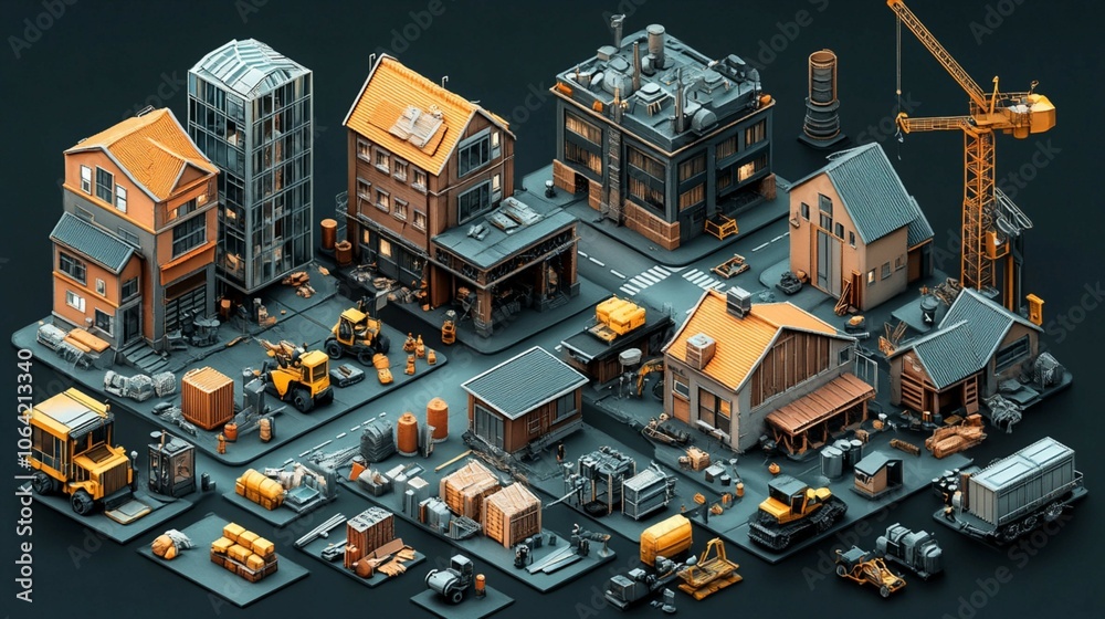 Isometric projections showcasing industrial buildings, cranes, cars ...