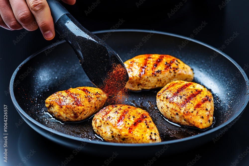 A chef flipping chicken breast in a pan, with spices and sear marks ...