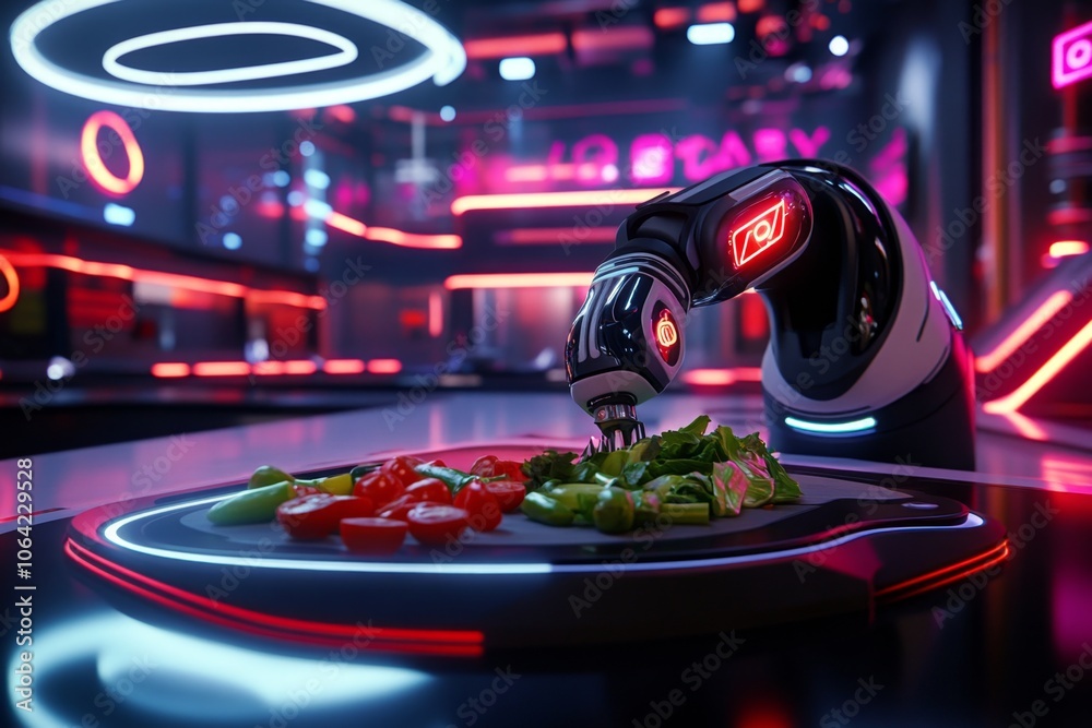 Futuristic robot arm chopping vegetables on a sleek countertop, with ...