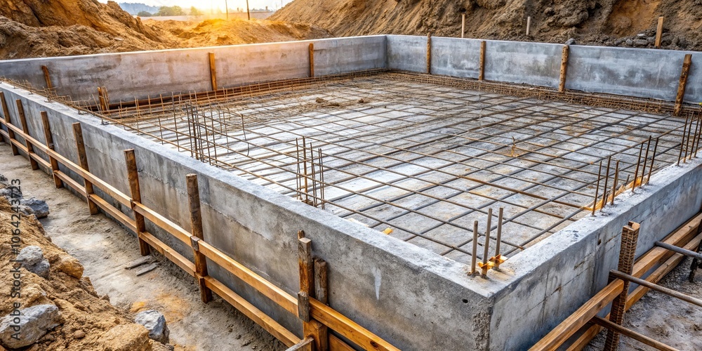 Exposed concrete foundation with visible rebar and rough texture, metal ...