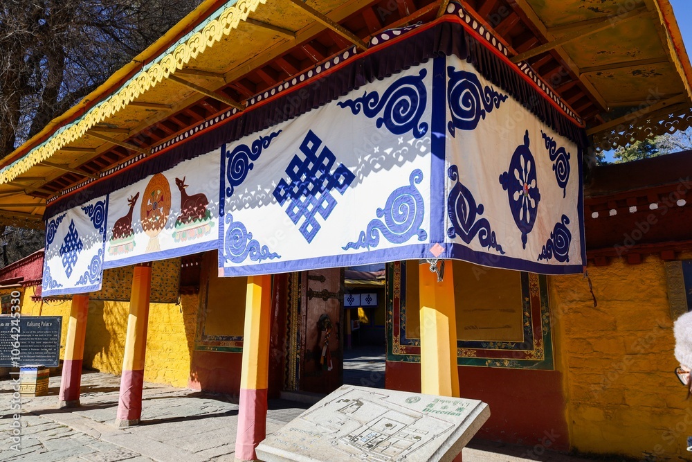 Traditional Tibetan architecture adorned with intricate designs and ...
