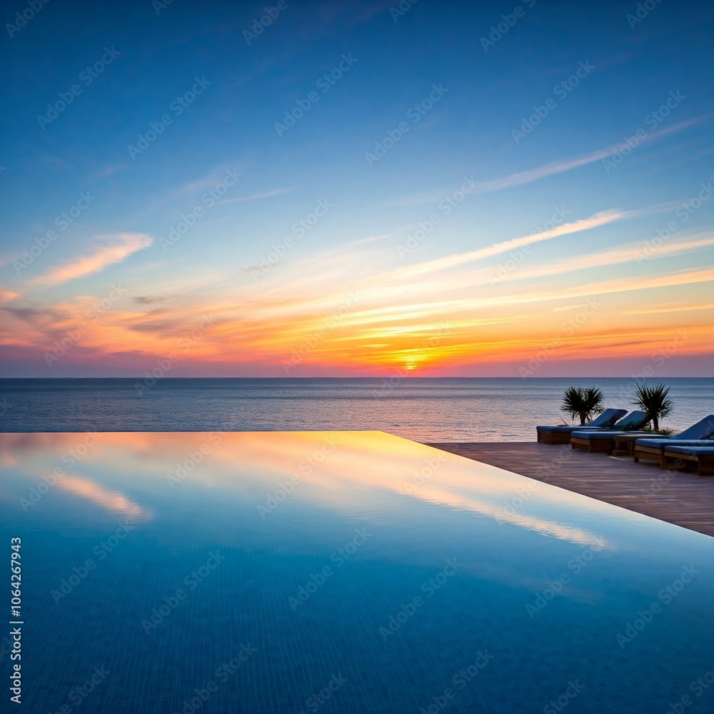 tranquil sunset reflections on a blue infinity pool with loungers by ...