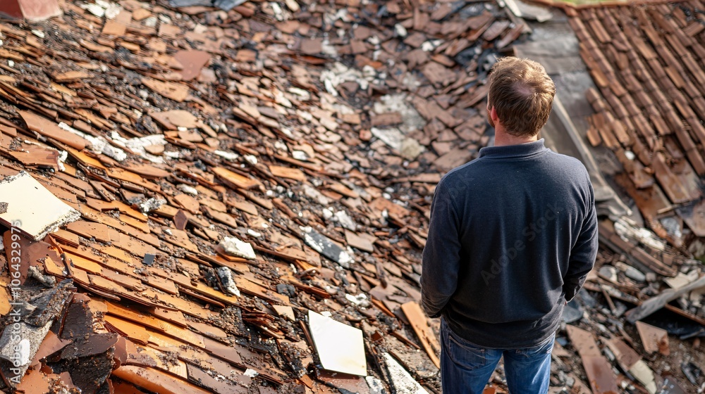 Insurance adjuster inspecting storm-damaged roof, assessing structural ...