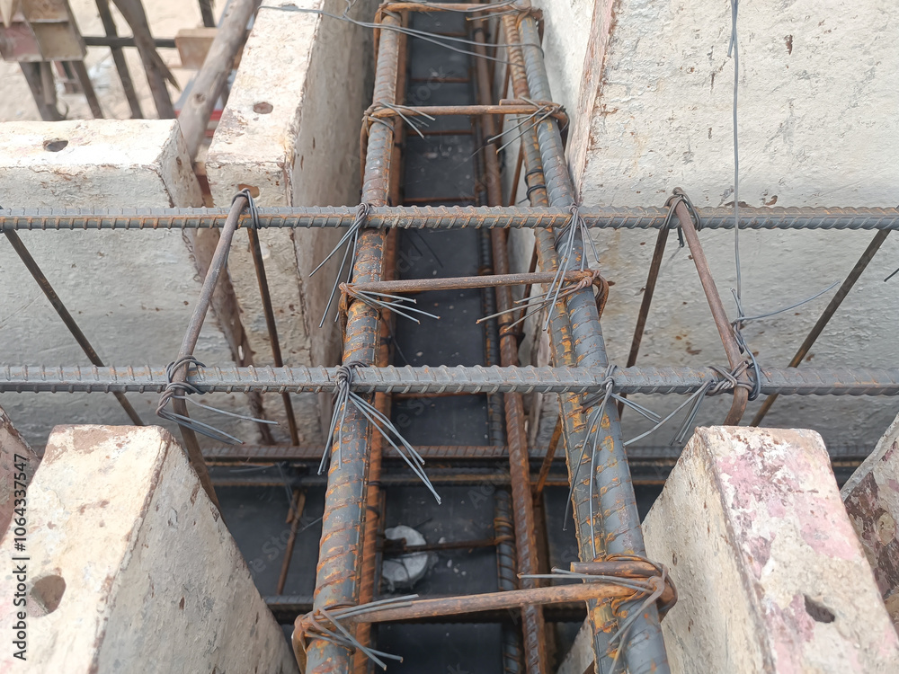 Close-up view of reinforced concrete beam rebar arrangement at ...