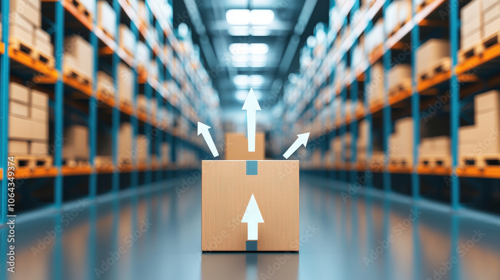 cardboard box in warehouse with arrows indicating movement and data ...