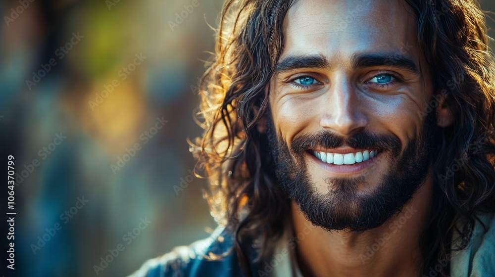 Jesus Christ smiling with blue light around joyful expression Stock Photo | Adobe Stock