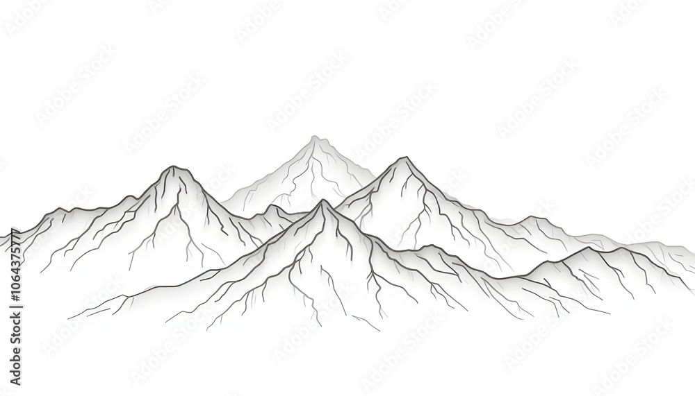 A high-definition image of a black and white mountain line art ...