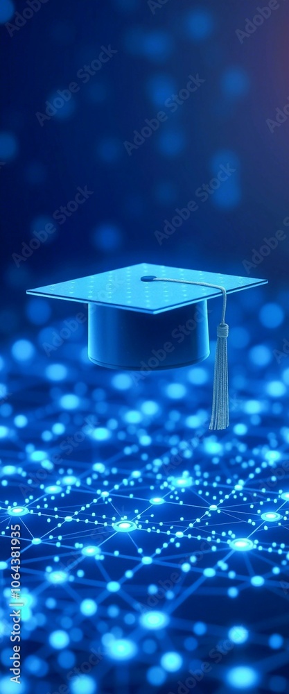 Abstract digital art of an open graduation cap made from glowing lines ...