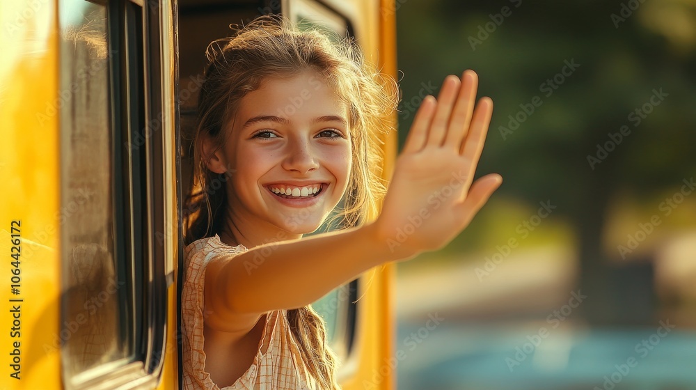 Joyful Farewell - Teenage Girl Waving Goodbye from School Bus Window in ...