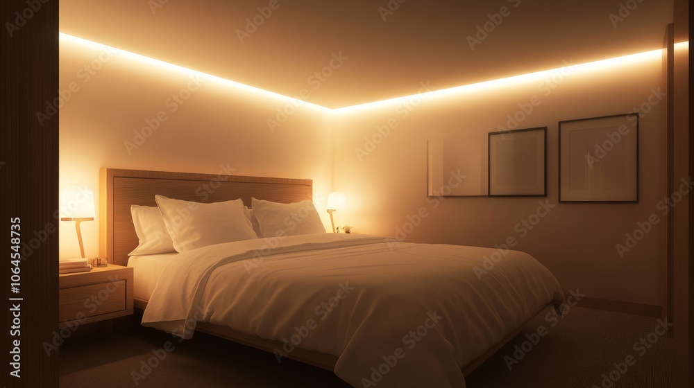 Minimalist bedroom with hidden LED strip lighting in a recessed ceiling ...