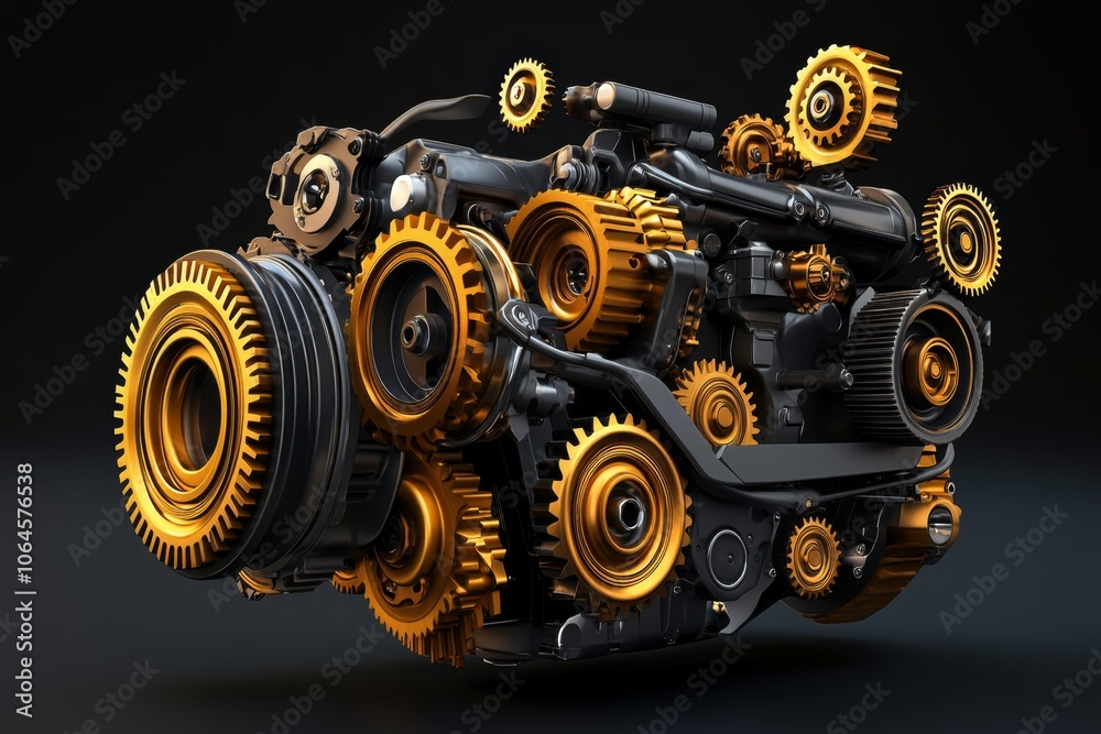Motorcycle engine with various gear sizes labeled by their ratio ...