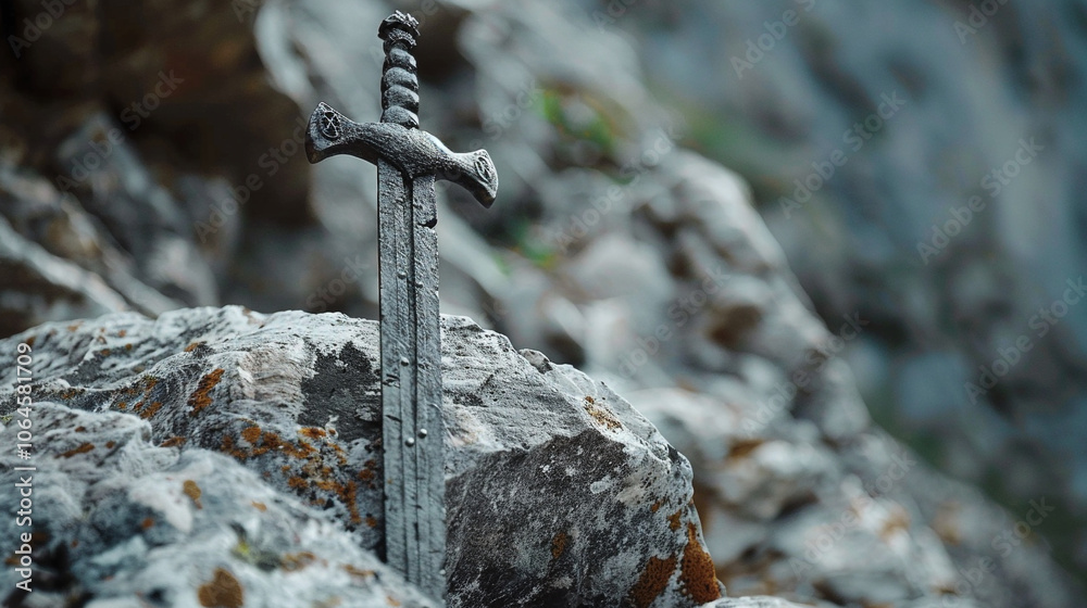 Foto de Stock Sword stuck in a rock like in the Excalibur Legend, the ...