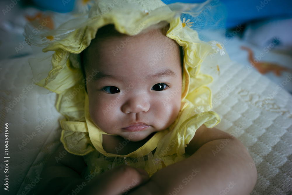 Happy Smiling face Asian Chinese baby girl during lying on bed. Happy ...
