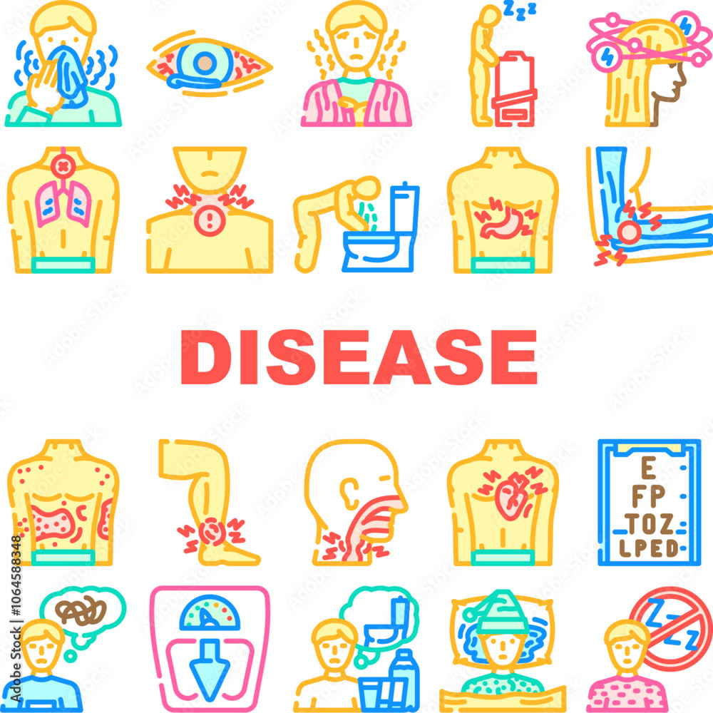 disease symptom fever cough icons set vector. fatigue headache, nausea rash, chills, dizziness ...