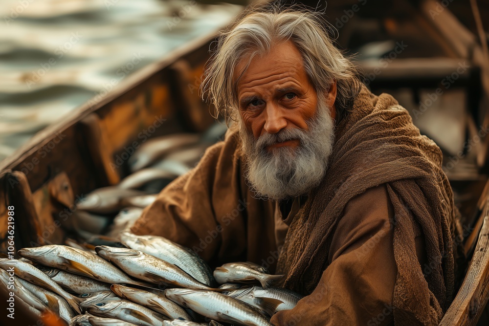 Peter's boat overflowing with fish, Bible story. Stock Photo | Adobe Stock