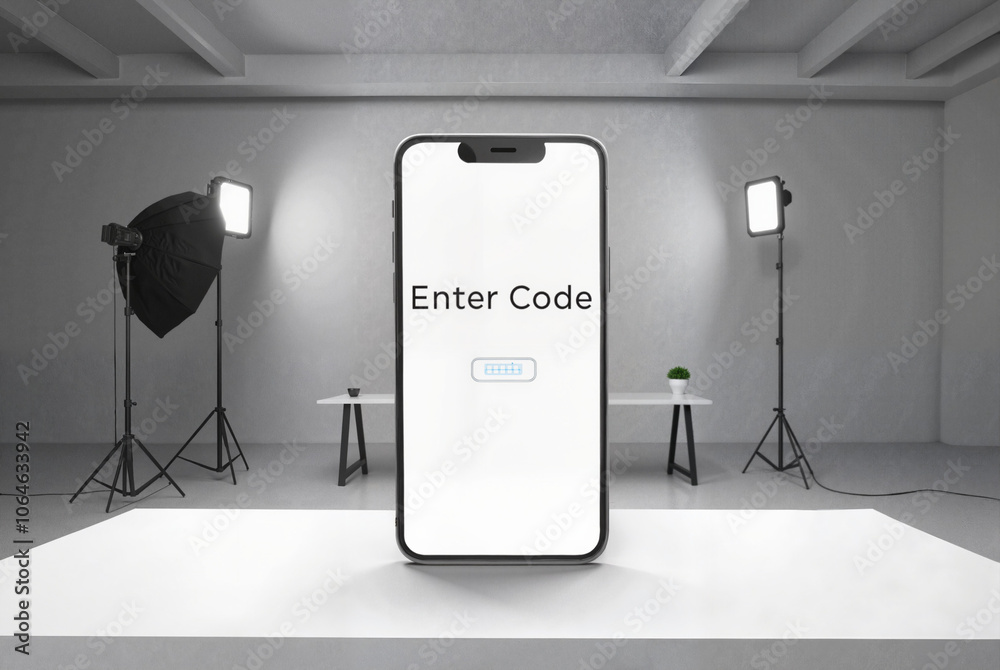 Smartphone with "Enter Code" screen in photography studio setting Stock ...