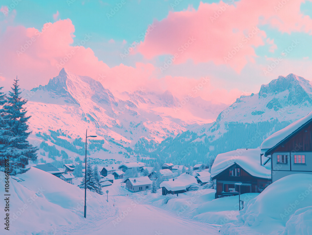 Switzerland, Swiss Alps in pastel-toned in anime style, snowy mountain ...