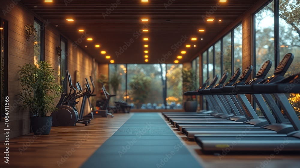 4K image of a modern gym setup with a sleek treadmill and ellipticals ...