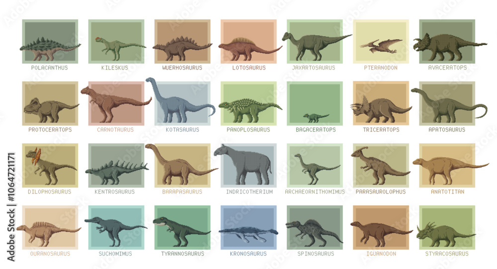 8 bit pixel art prehistoric dinosaurs and dino lizards species, vector ...