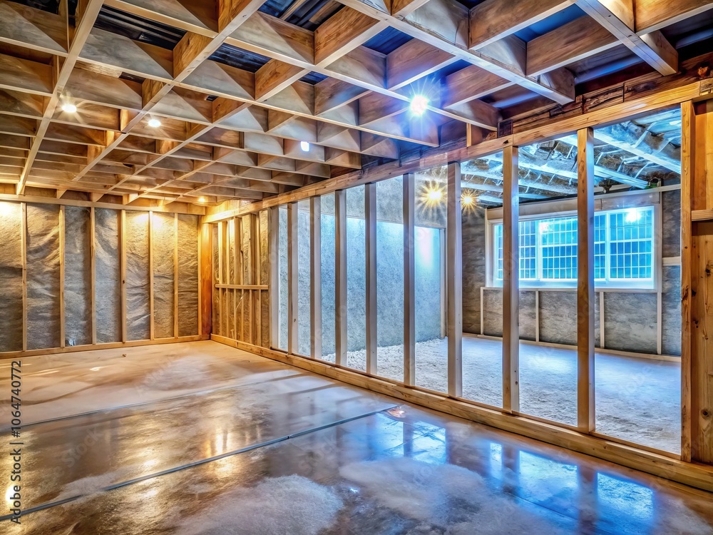 Expansive Unfinished Basement Featuring Wood Frames and Wall Insulation ...