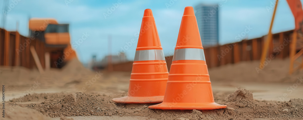 Safety cones and signs around a road construction zone for pipe laying ...