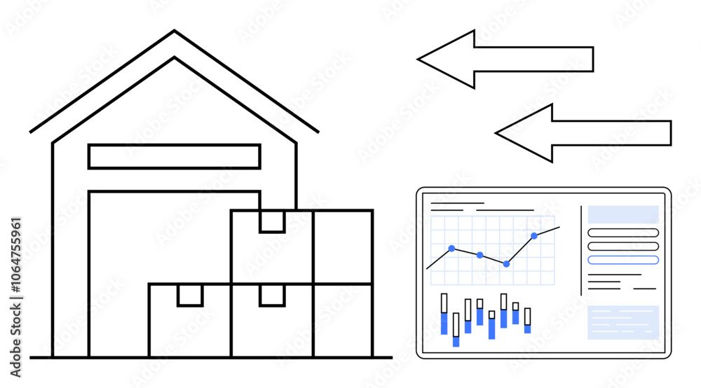 Warehouse with stacked boxes, data analysis dashboard with charts and ...