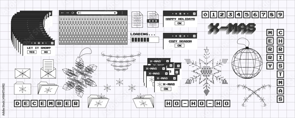 Big set of x-mas stickers in trendy y2k style in monochrome palette ...