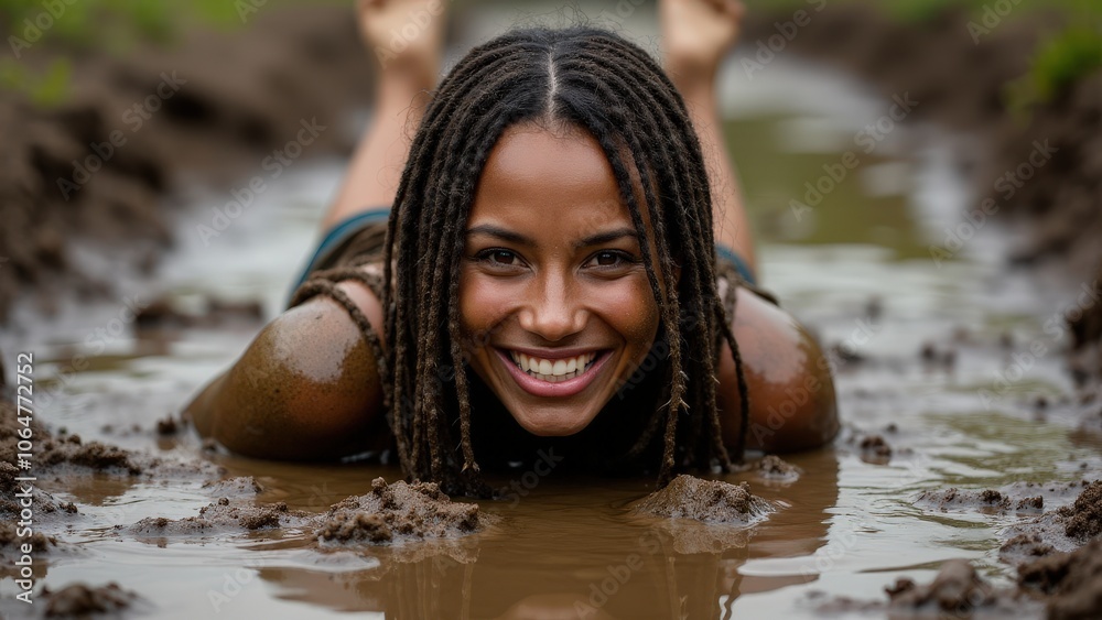 Mud puddle visuals with a person submerged up to their shoulders, their ...