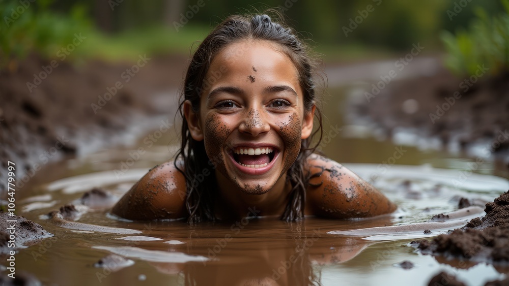 Artistic mud puddle visuals capturing a happy person in a muddy puddle ...