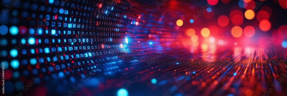 Abstract red and blue digital binary code 1 and 0 digital info tech science data background ...