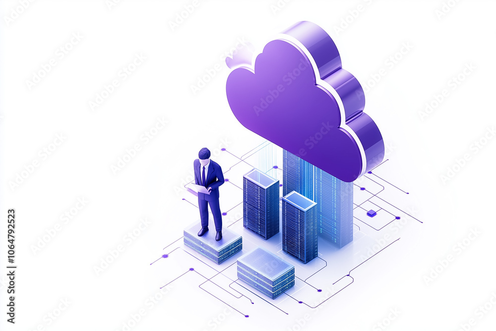 A business pro uses digital platforms to visualize cloud computing and ...