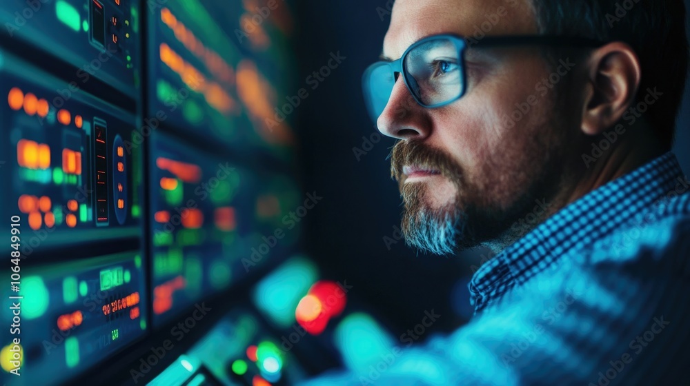 Technician operating sophisticated digital control system for advanced ...