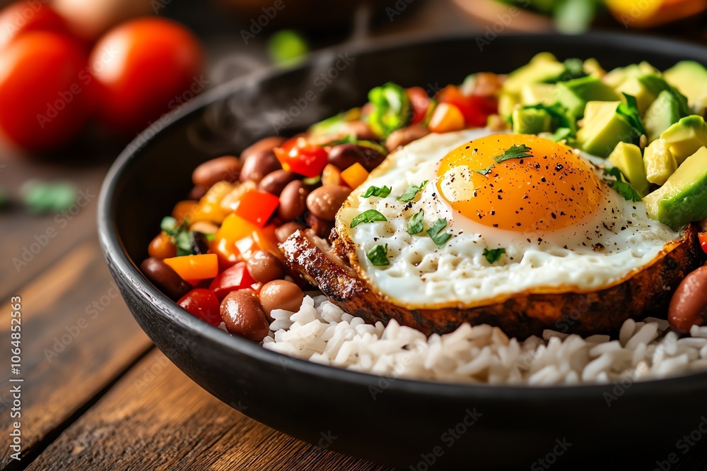 Colombian bandeja paisa with beans, rice, chicharron, avocado, and ...