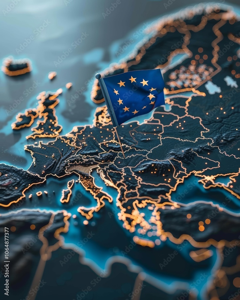 European union flag overlaying europe map with cybersecurity technology ...
