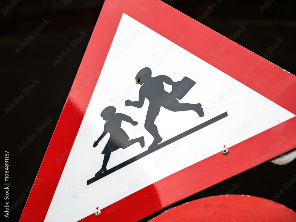 Triangular warning sign in Basel, Switzerland, depicting children ...