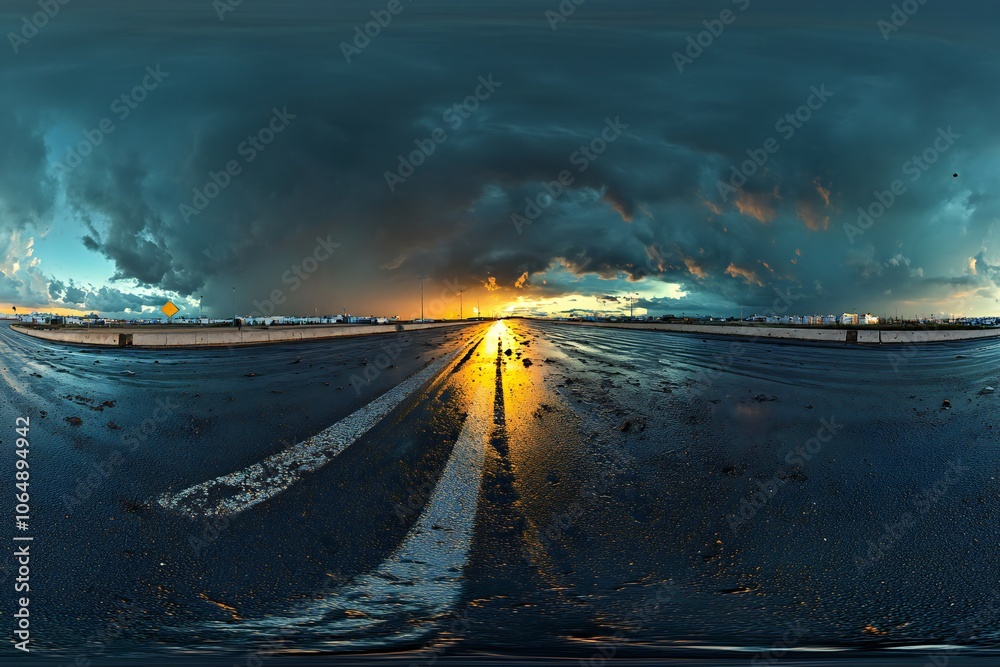 spherical 360 hdri panorama on side of asphalt road with rain storm ...