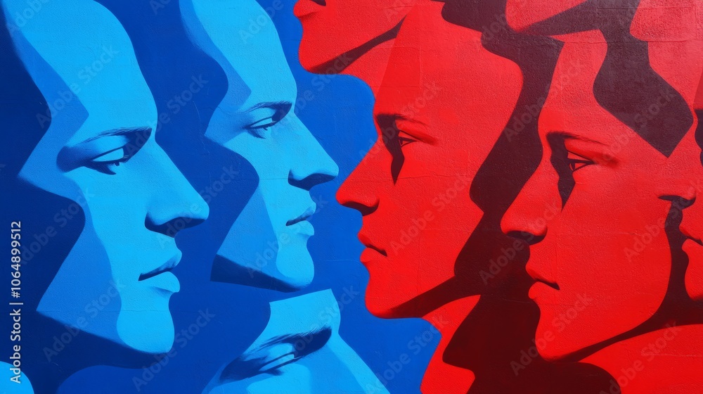 Faces of Unity - Close-Up Mural Showing Overlapping Blue and Red Faces ...