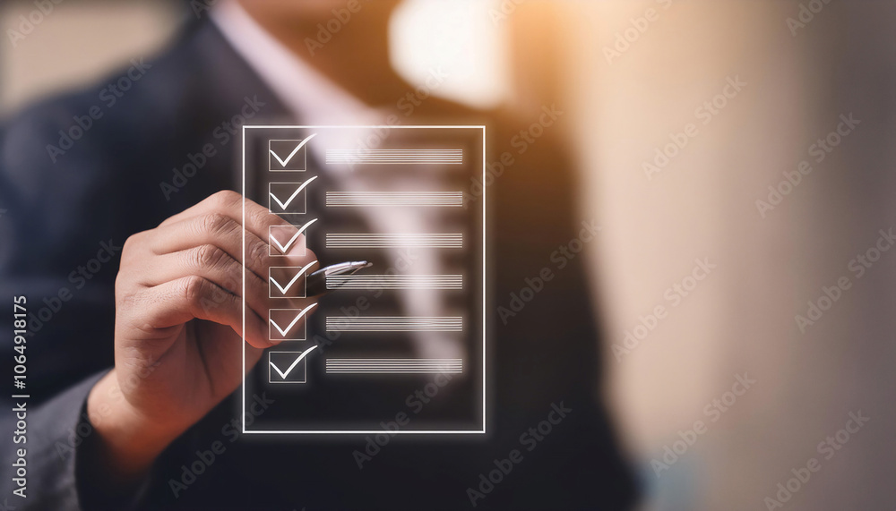 Using and completing a checklist, featuring elements like checkmarks, lists, and completed tasks ...