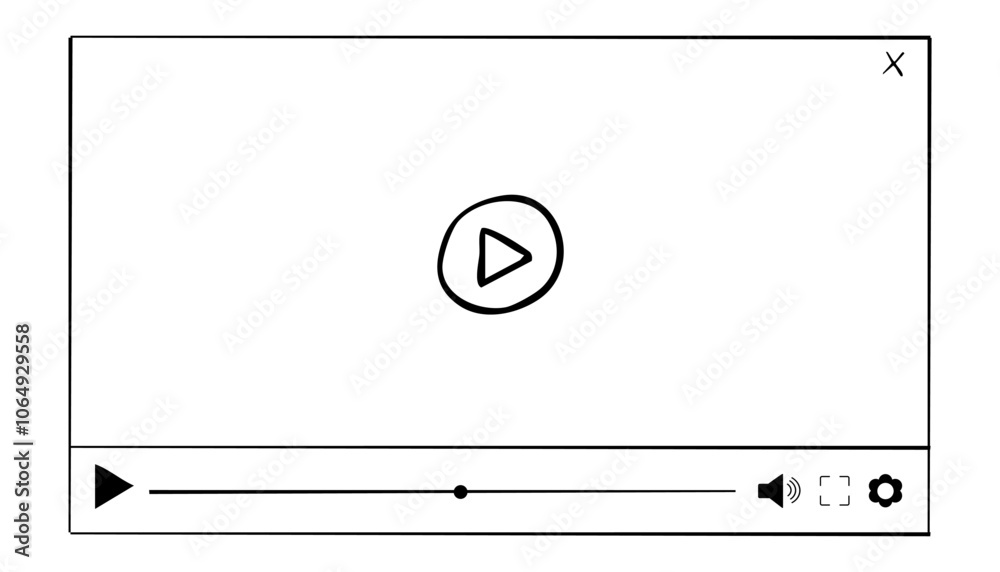 Video player display frame, line doodle bar with buttons, progress line, sound. Hand drawn ...