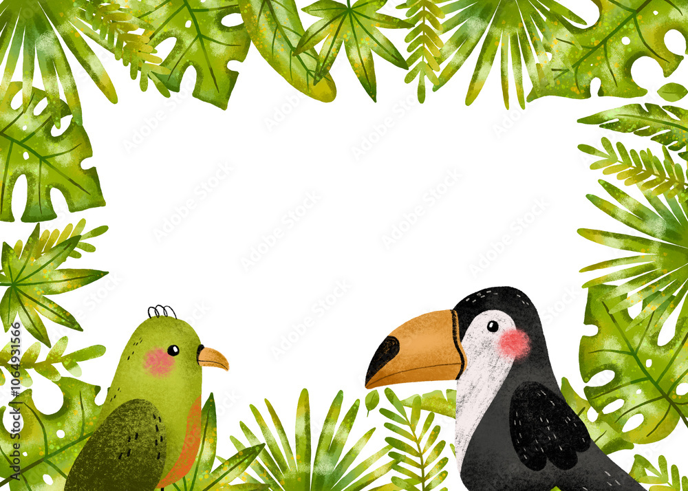 Horizontal border frame with parrot, toucan and jungle leaves, branches ...