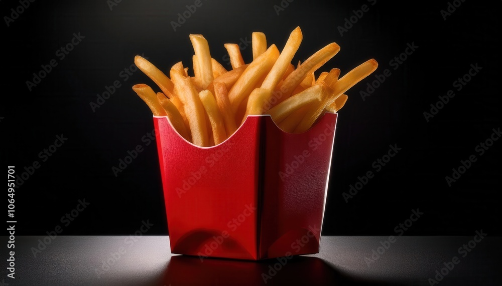 Crispy Golden French Fries in Signature Red Box on Dark Background ...