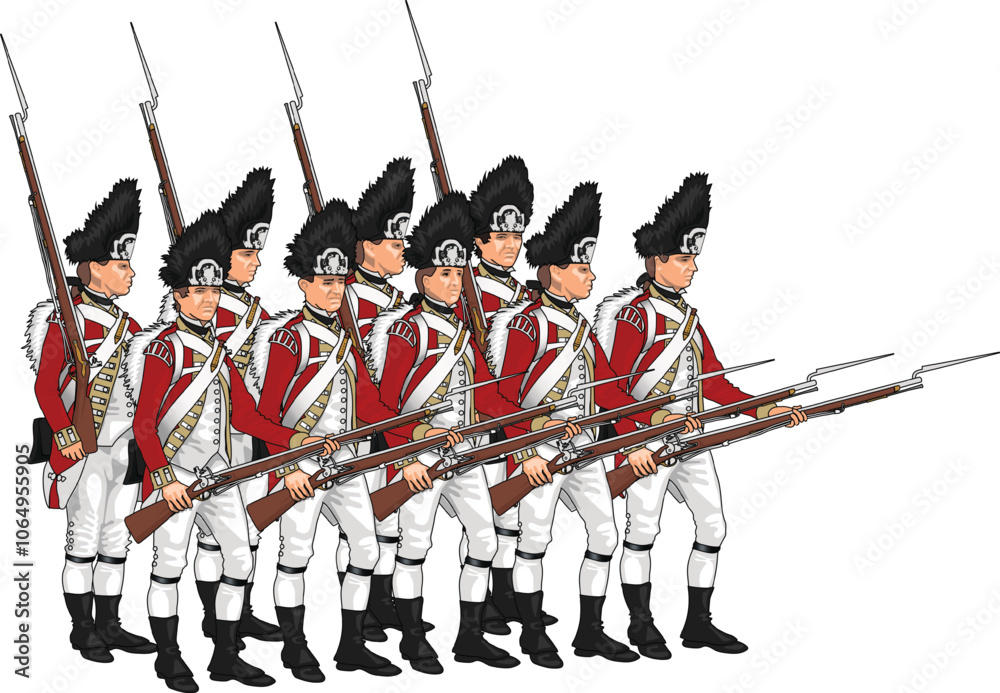 Illustration of British grenadiers in traditional 18th-century uniforms ...