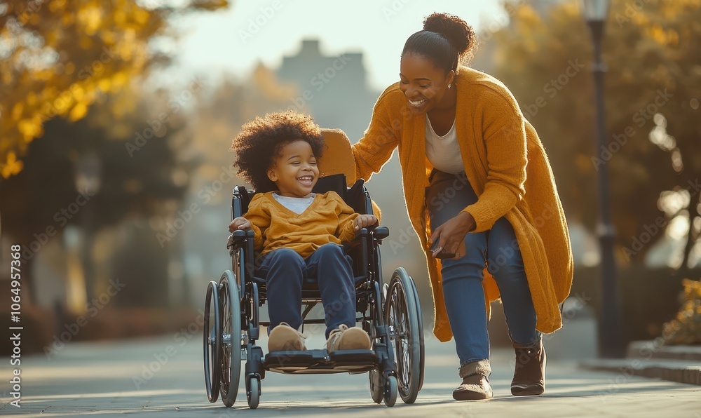 disabled child in a wheelchair and mom push it, candid black african ...